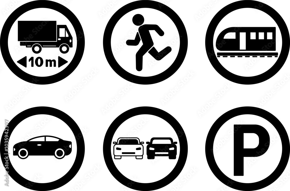 Prohibitory Road Signs. Vector Icons. Length Limit and Railway Crossing ...