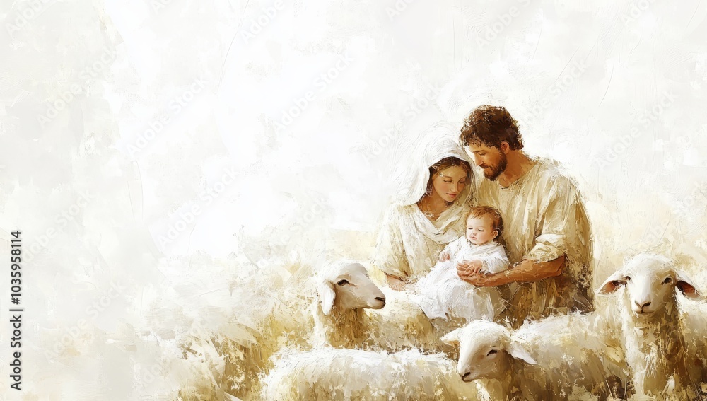 Jesus, Joseph, Mary and sheeps in the barn. Stock Illustration | Adobe ...