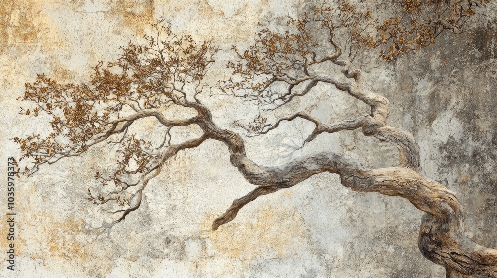 Curly trees with branches and leaves depicted against a textured ...