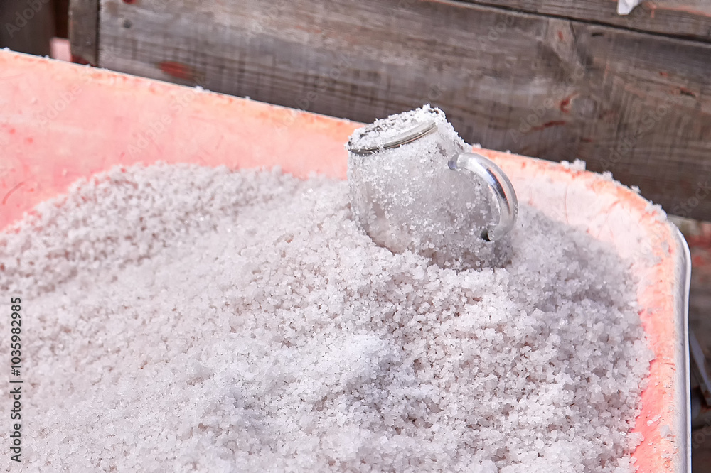Handmade salt close-up. Glass beaker for measuring when selling ...
