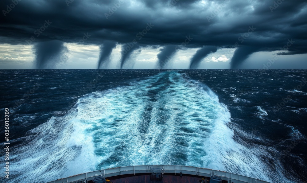 Stormy seas with multiple waterspouts observed from a ship's deck ...