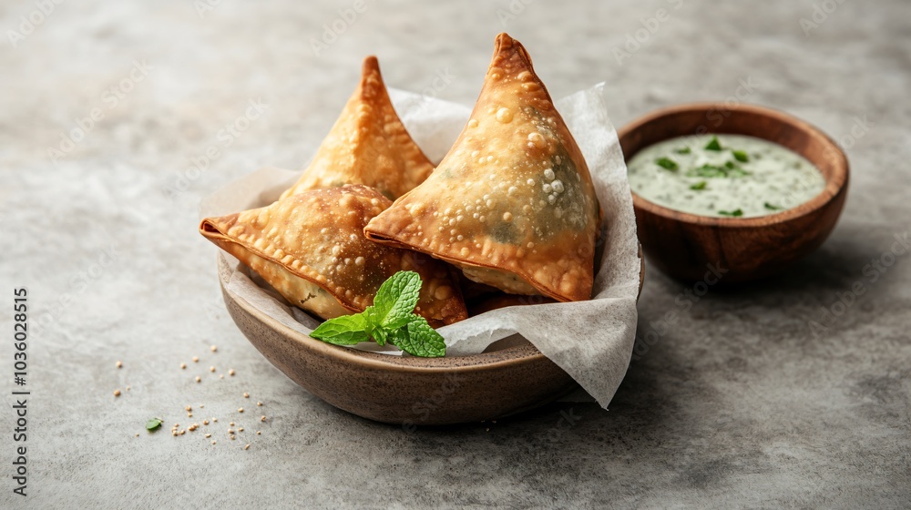 Samosa on a simple grey background with a sprinkle of cumin seeds and a ...