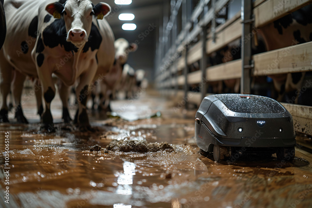 A group of cows stands in a dairy barn, curiously watching a robotic ...
