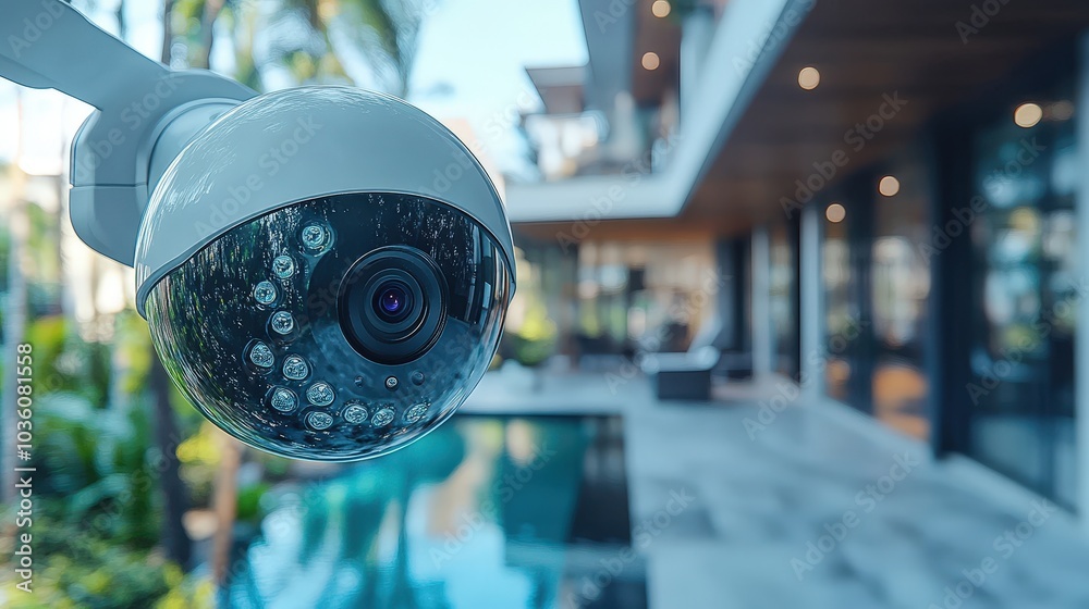 Surveillance camera installed outdoors, overlooking a modern pool area ...