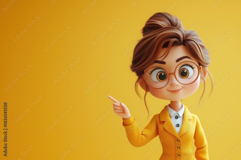 Cute cartoon 3d woman in yellow suit with raised index finger. Cute ...