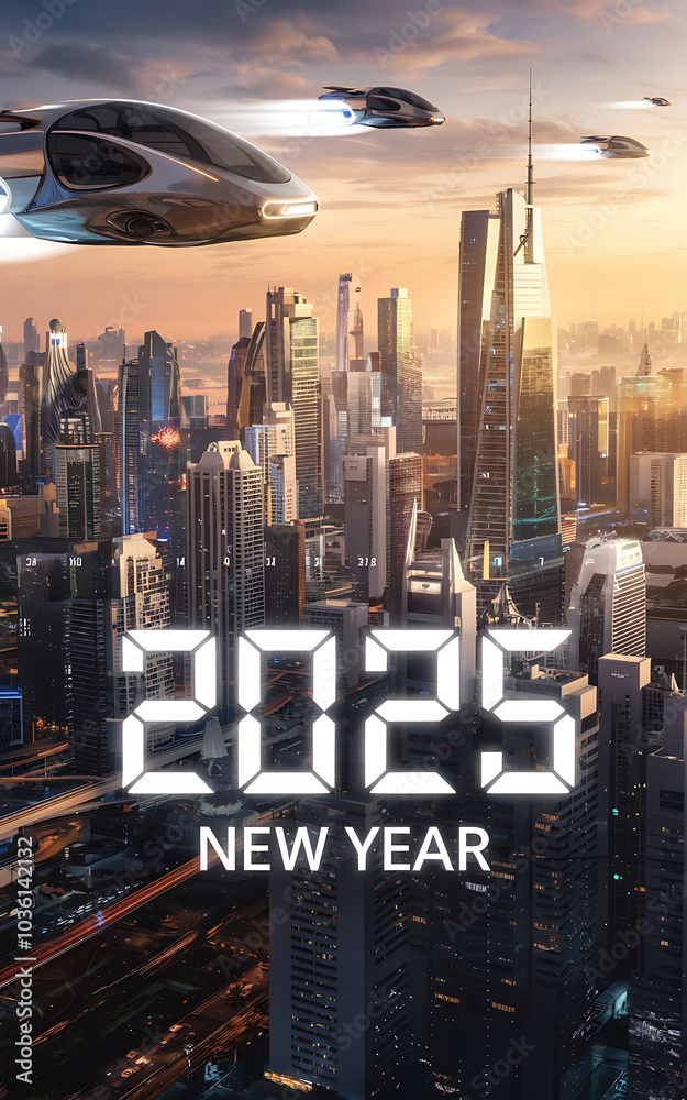 Futuristic city skyline with flying cars and glowing 2025 New Year ...