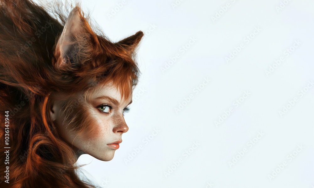 Artistic portrait of a fox-like woman with red flowing hair, evoking ...