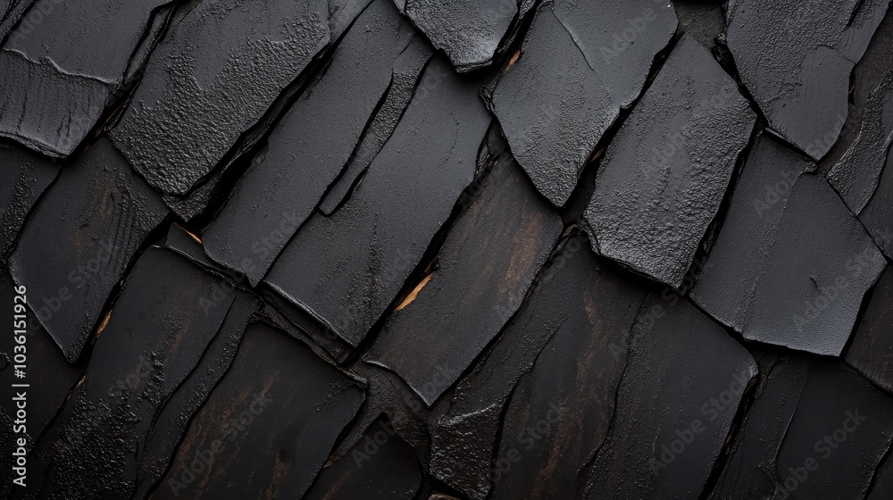 This image shows an arrangement of jagged black slate tiles forming an ...
