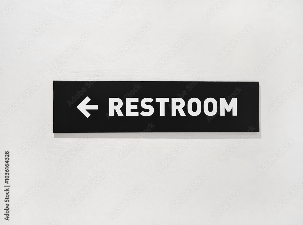 Restroom sign on a white wall. Path to Restroom with arrow. Black sign ...