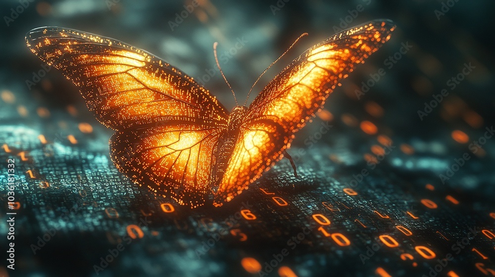 Orange glowing butterfly on binary code background, digital ...