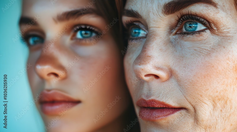 Cellular aging visualized through skin changes, young woman's glowing ...