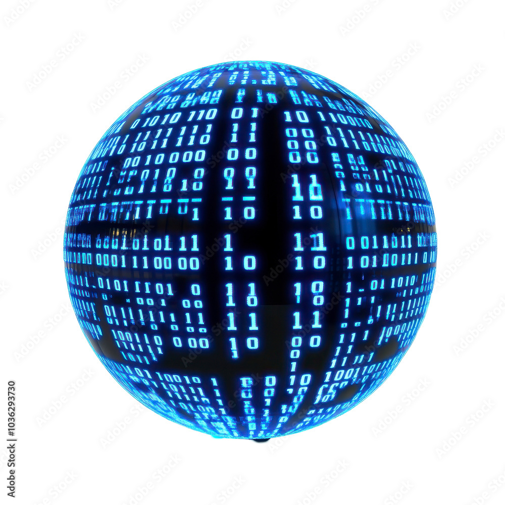 Binary Sphere, digital data globe, glowing blue numbers, futuristic technology concept, tech ...