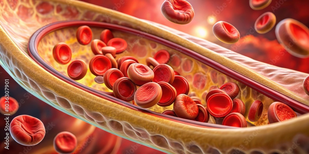 Artery cross-section showing blood clot, fat cells, and cholesterol ...