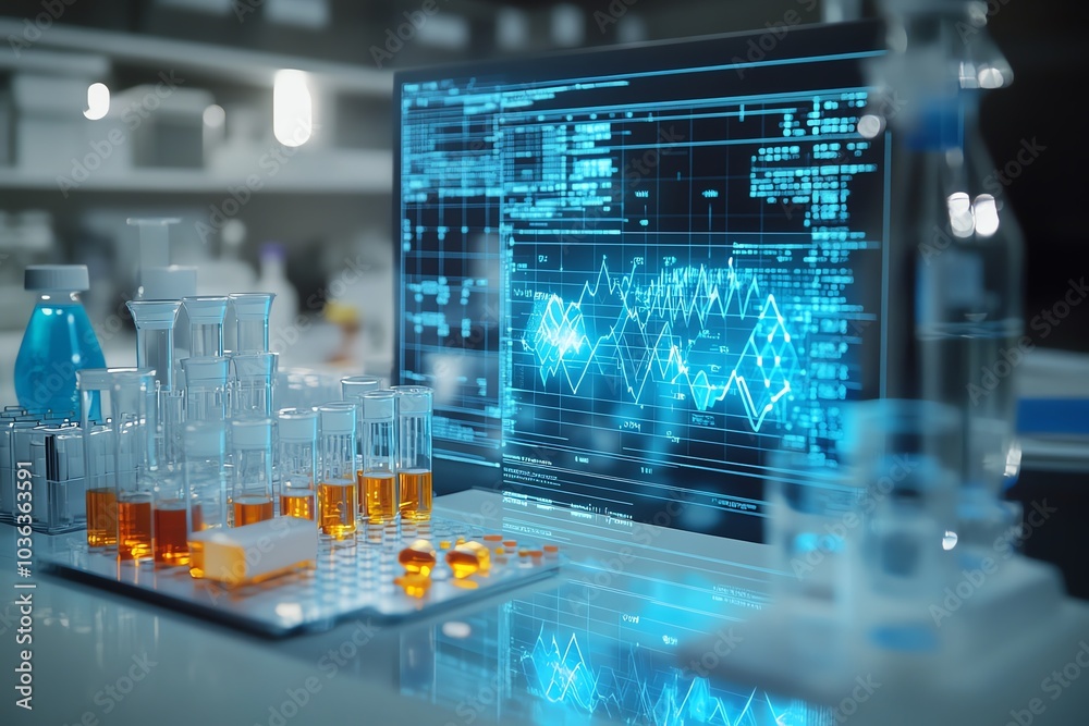 Laboratory scene with test tubes and digital data display, showcasing ...