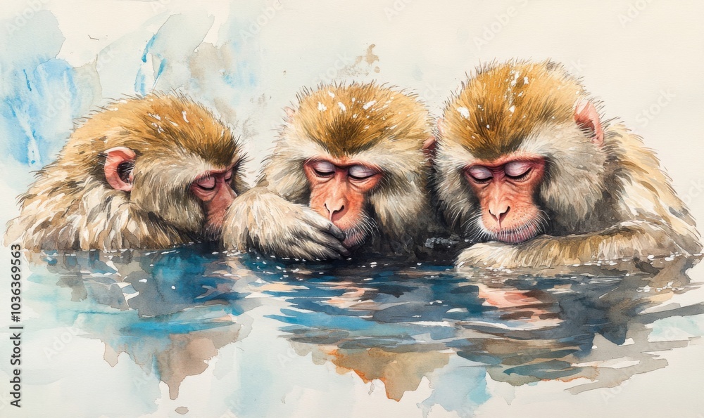 Watercolor Relaxing Snow Monkeys bathe in Hot Springs, Jigokudani ...