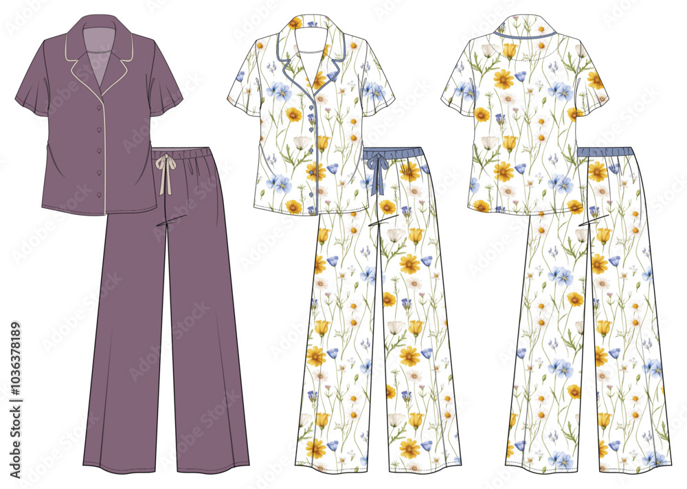 Women’s Pajamas, Sleep wear, Fashion Flat Sketch Vector Illustration ...