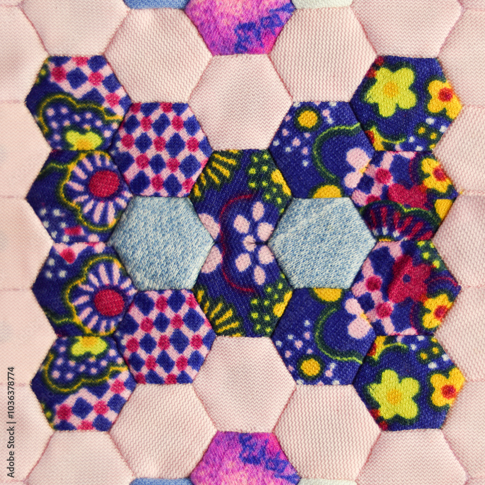 Pattern of hexagon quilt blocks sewed together to make a blanket. Stock ...