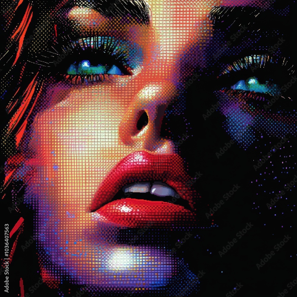 pixel art of a woman's face getting covered in paint, black background ...