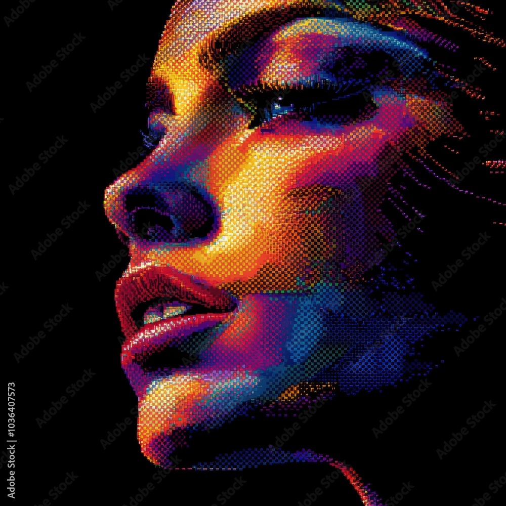 pixel art of a woman's face getting covered in paint, black background ...