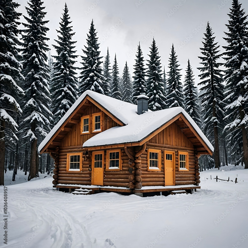 Winter timber log lodge cabin. This is AI generated, property release ...