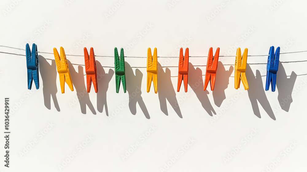 Colorful plastic pegs attached to a clothesline, casting shadows on a ...