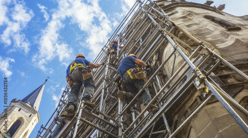 A group of builders constructing scaffolding around a historic bell ...