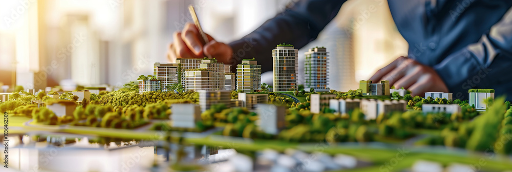 Architect presenting a 3D model of a sustainable city, green roofs and ...