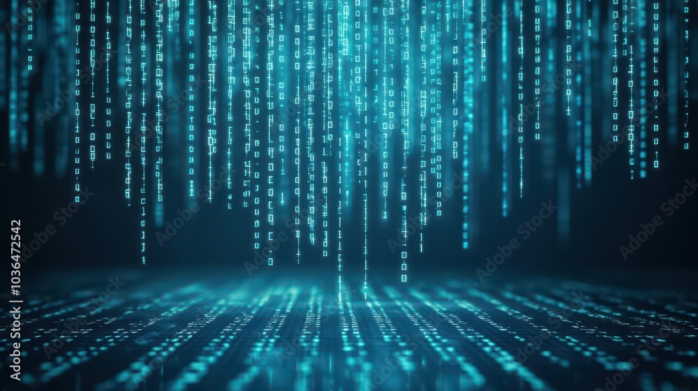 Binary code matrix filling the screen, with glowing numbers raining down, front view ...