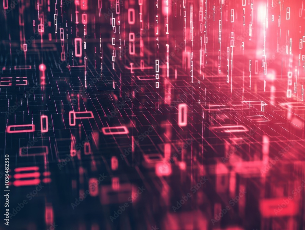 Red binary codes streaming downward like rain, top view, representing ...