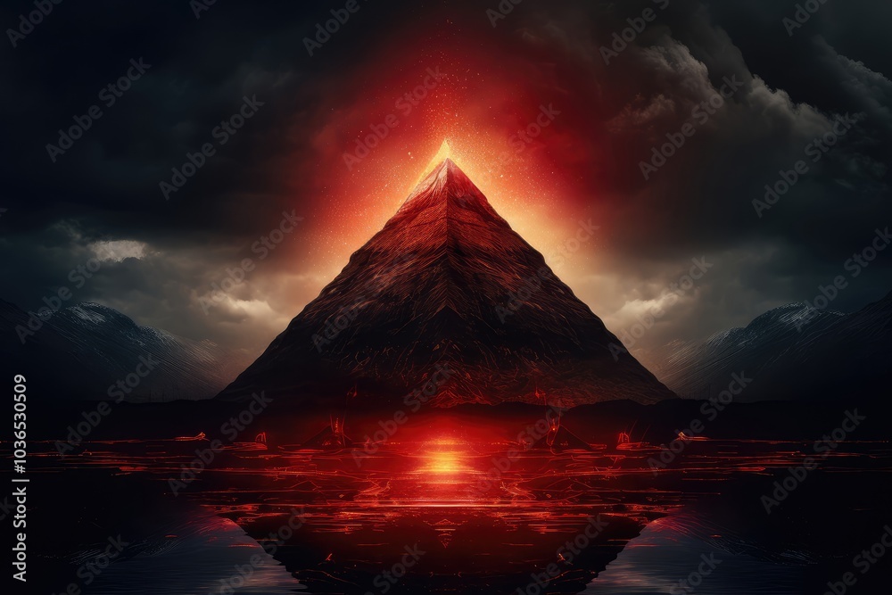 Glowing futuristic neon pyramid against night starry sky. Alien planet ...