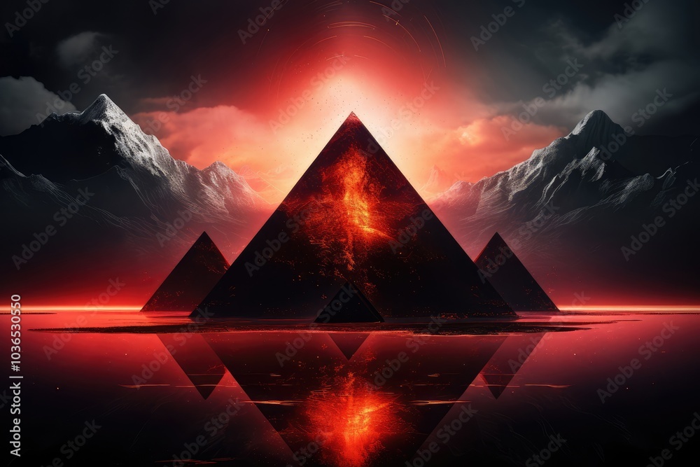 Glowing futuristic neon pyramid against night starry sky. Alien planet ...