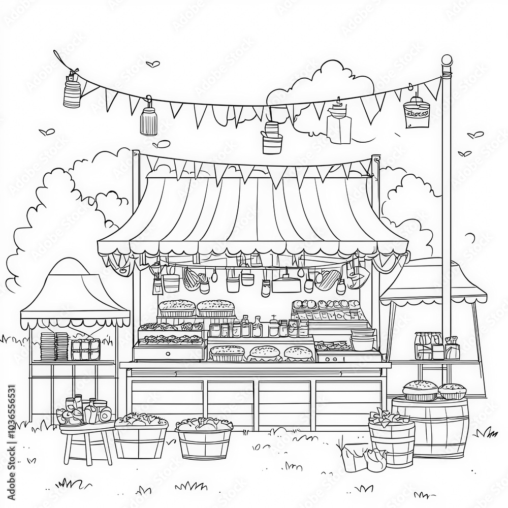 A bustling street fair with food stalls, coloring page for kids, simple ...