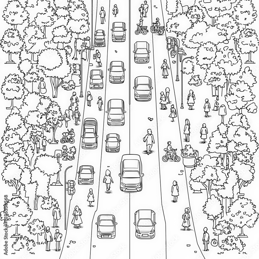 A bustling city street with cars and people, coloring page for kids ...