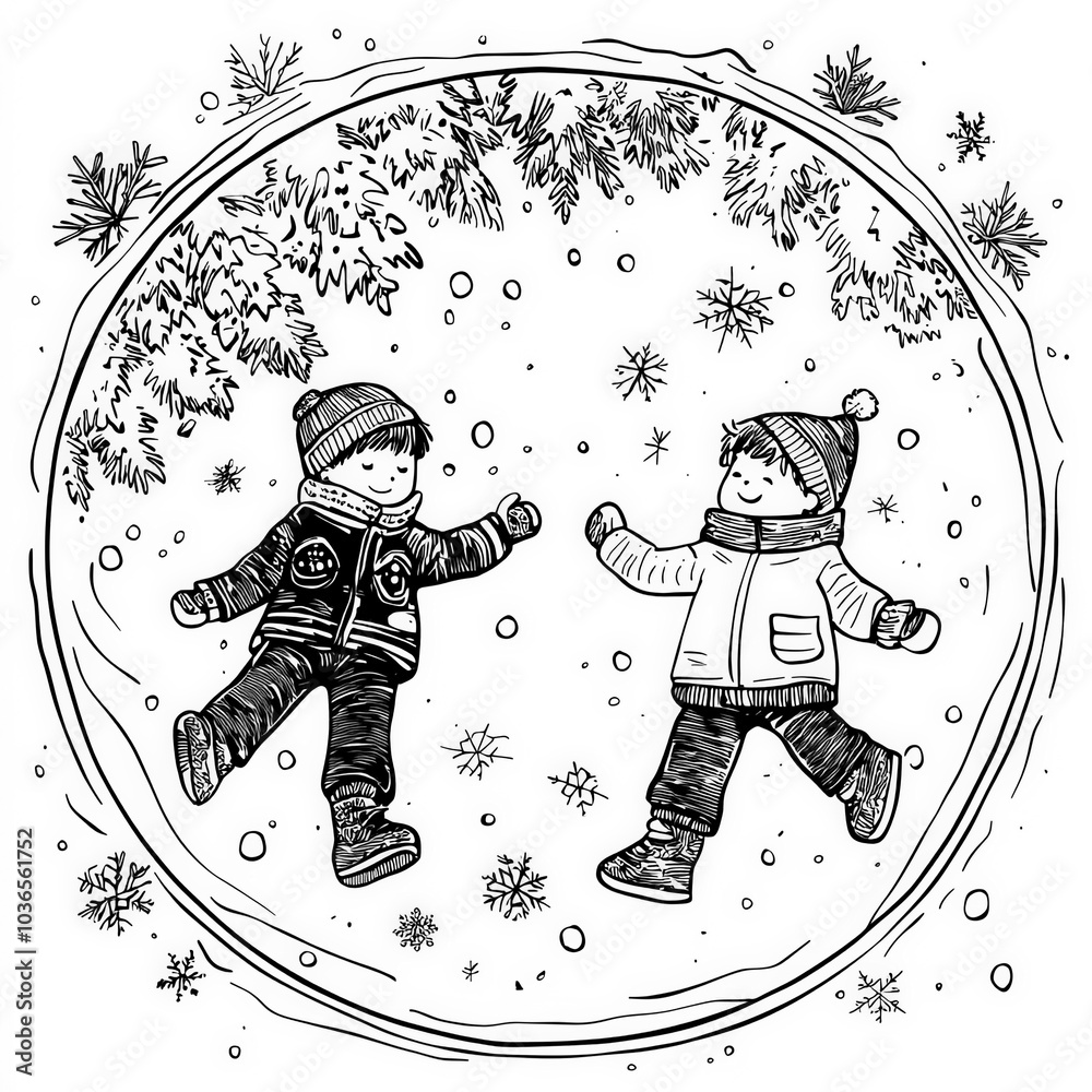 Children making snow angels, coloring page for kids, simple outline ...