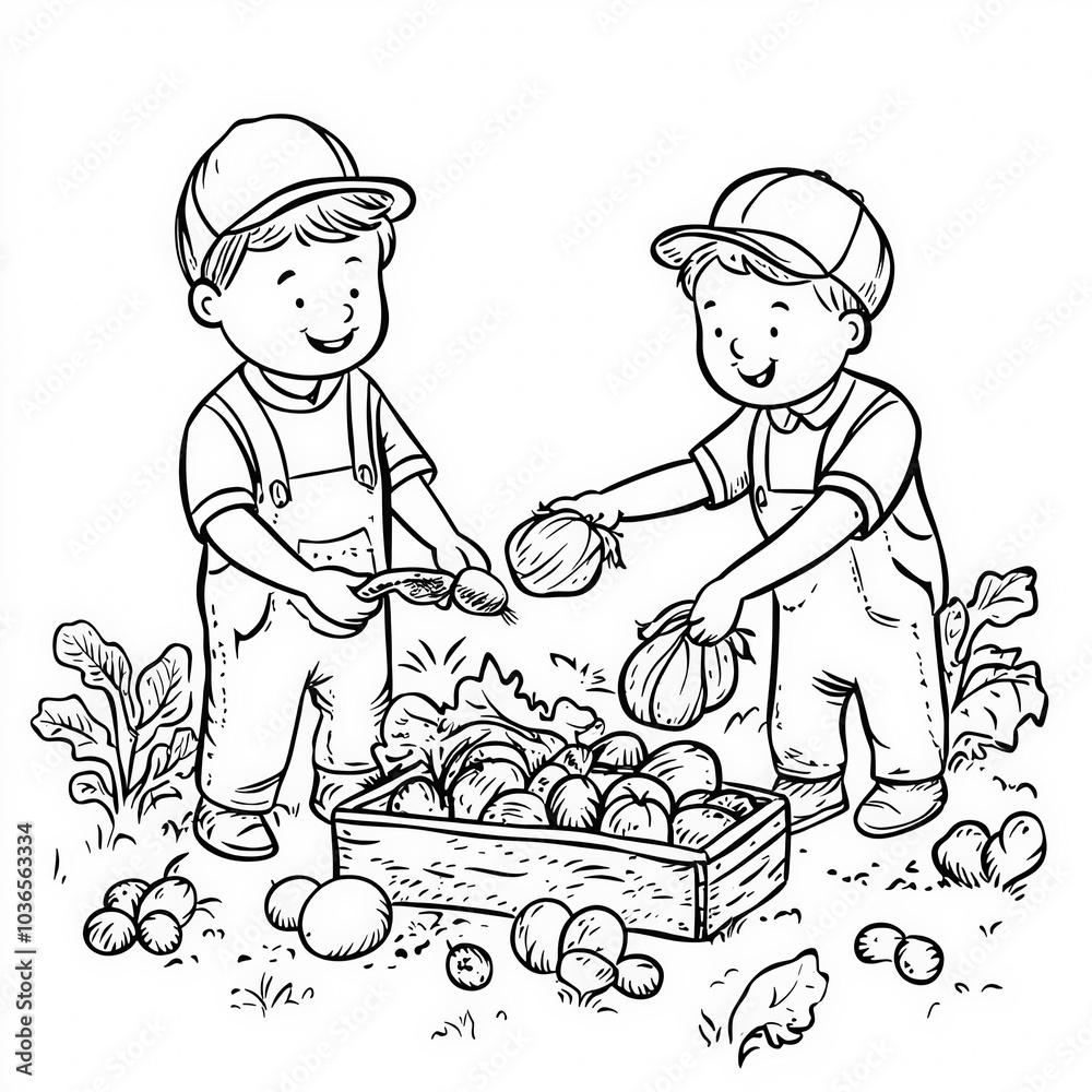 Farm vegetables and fruits being harvested, coloring page for kids ...