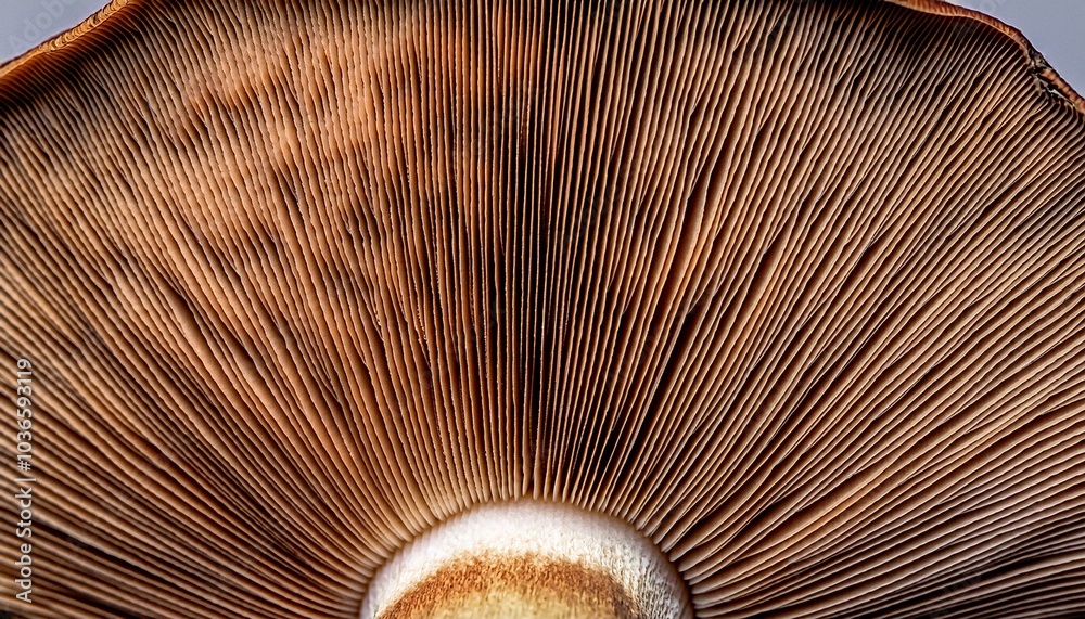 A detailed close-up of a mushroom cap reveals the fine gills and spongy ...