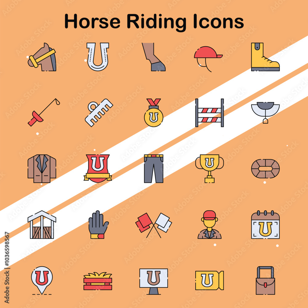 Collection of horse riding icons illustrating equestrian activities and ...