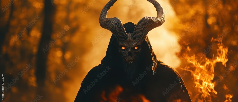 Grim Reaper with Horns in Enchanted Forest, a haunting figure shrouded ...