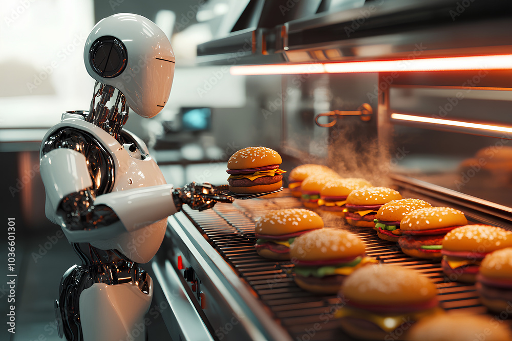 Robot chef flipping burgers on a smart grill in a techdriven fastfood ...