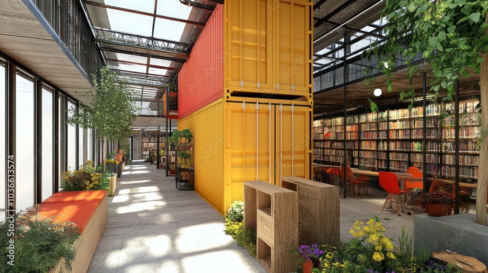 Modern outdoor library space with seating and plants between yellow and ...