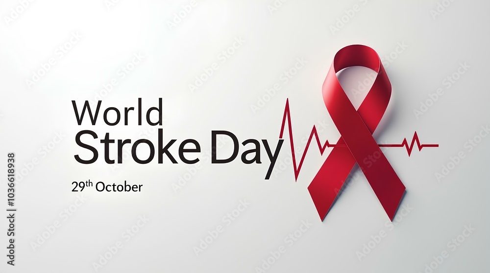 World Stroke Day. A red ribbon and a cardiogram are recognizable ...
