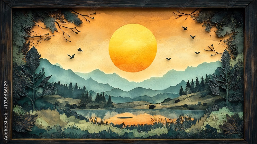 Charming empty papercut nature icon framed by a rustic paper frame ...