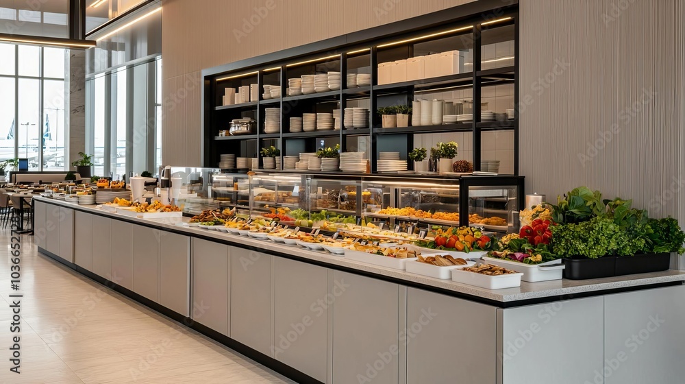 Sleek airport lounge with a buffet area offering gourmet snacks and ...