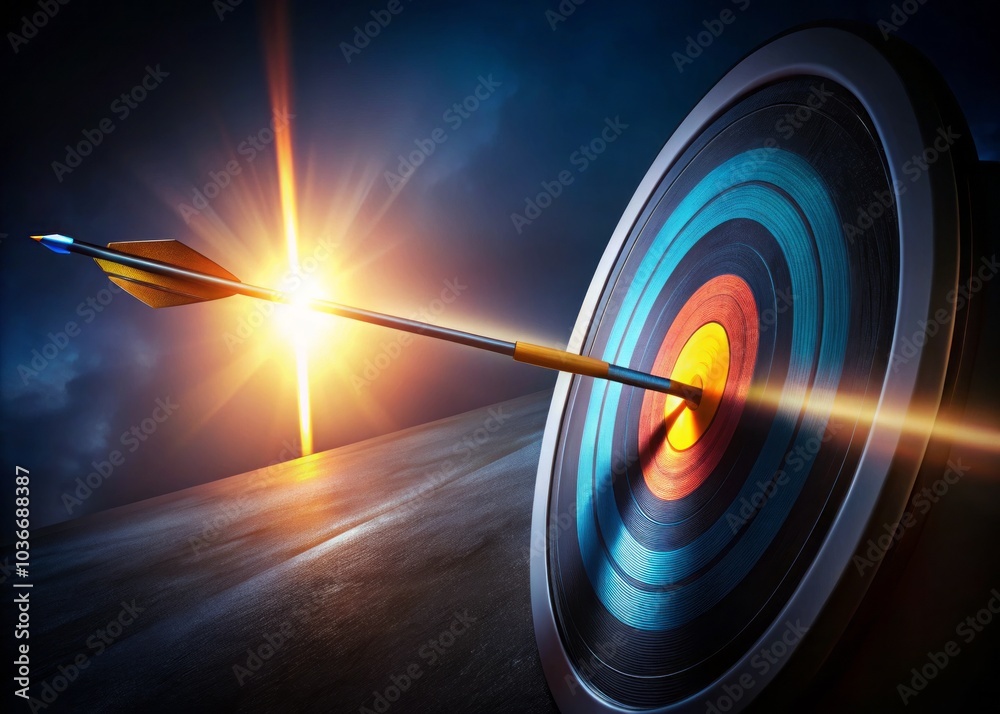 In low light, an arrow perfectly hits the bullseye, exemplifying ...