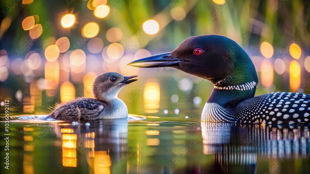 Adult Common Loon Feeding Chick a Fish in Tranquil Lake Setting with ...