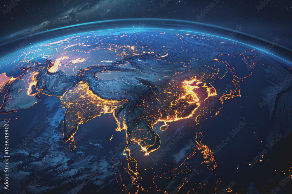 Satellite view of Earth's globe from space, city lights by night, East ...