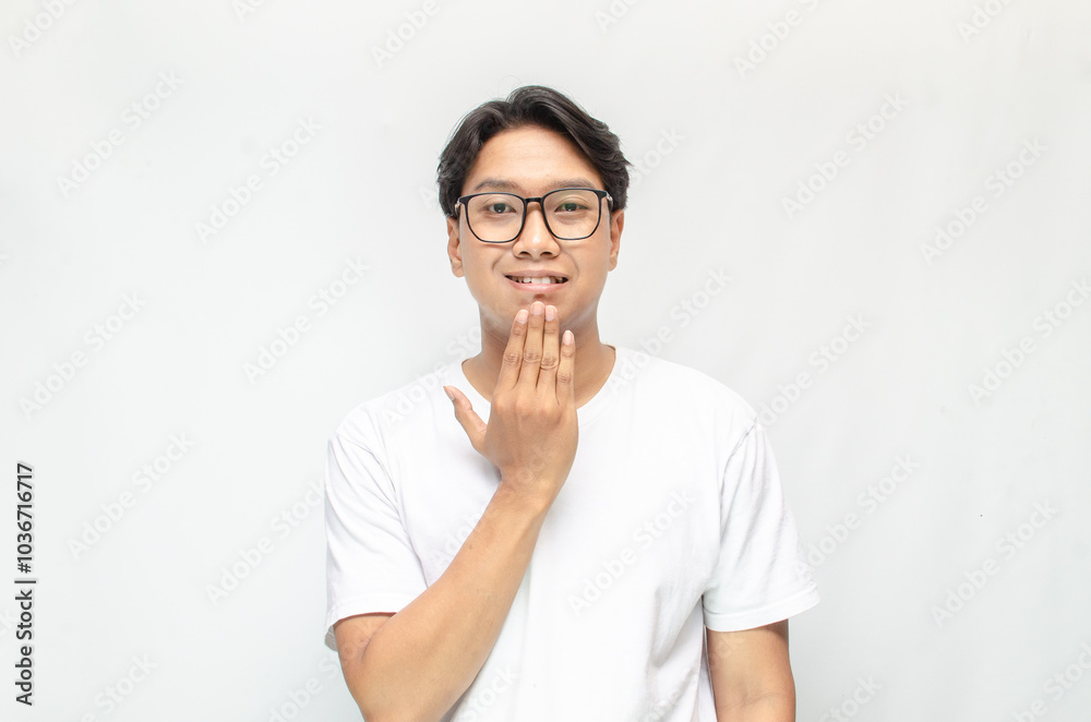 asian young students happily using sign language isolated against white ...