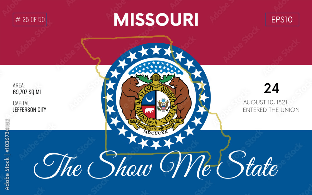 Vector poster background of the US state of Missouri, with name, map ...