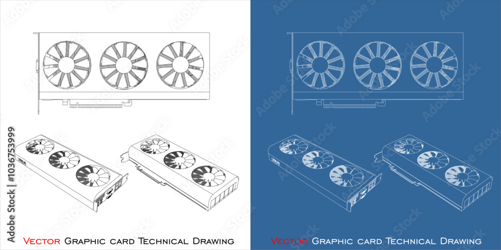 Vector GPU triple fan line technical drawing blueprint isolated on ...