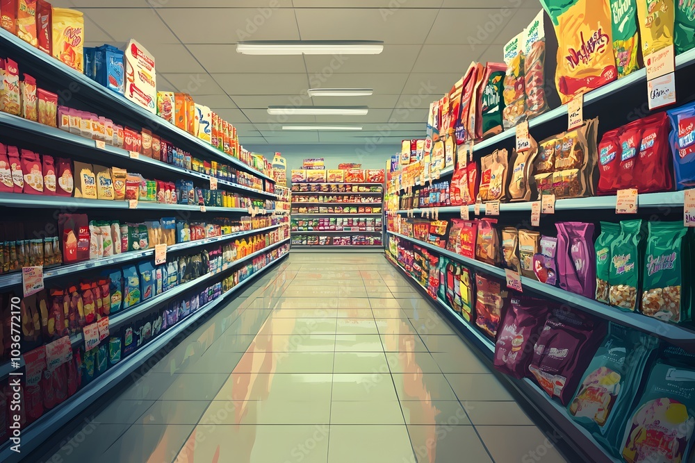 Aisle in a Grocery Store with Colorful Packaging Stock Illustration ...